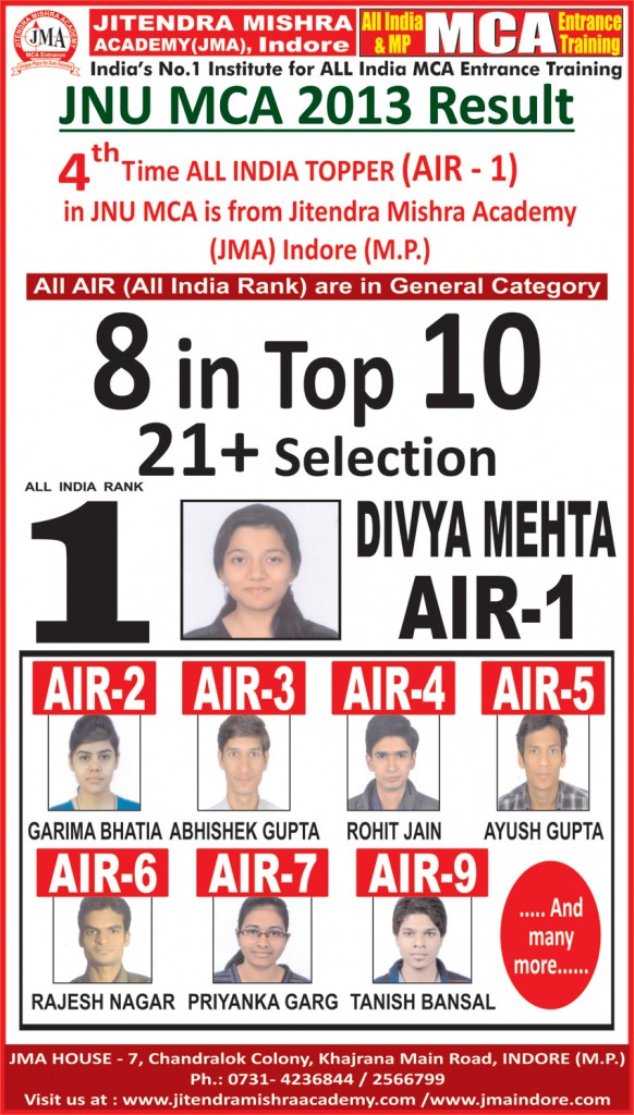 JNU MCA 2013 Result | Jitendra Mishra Academy | Indore MP