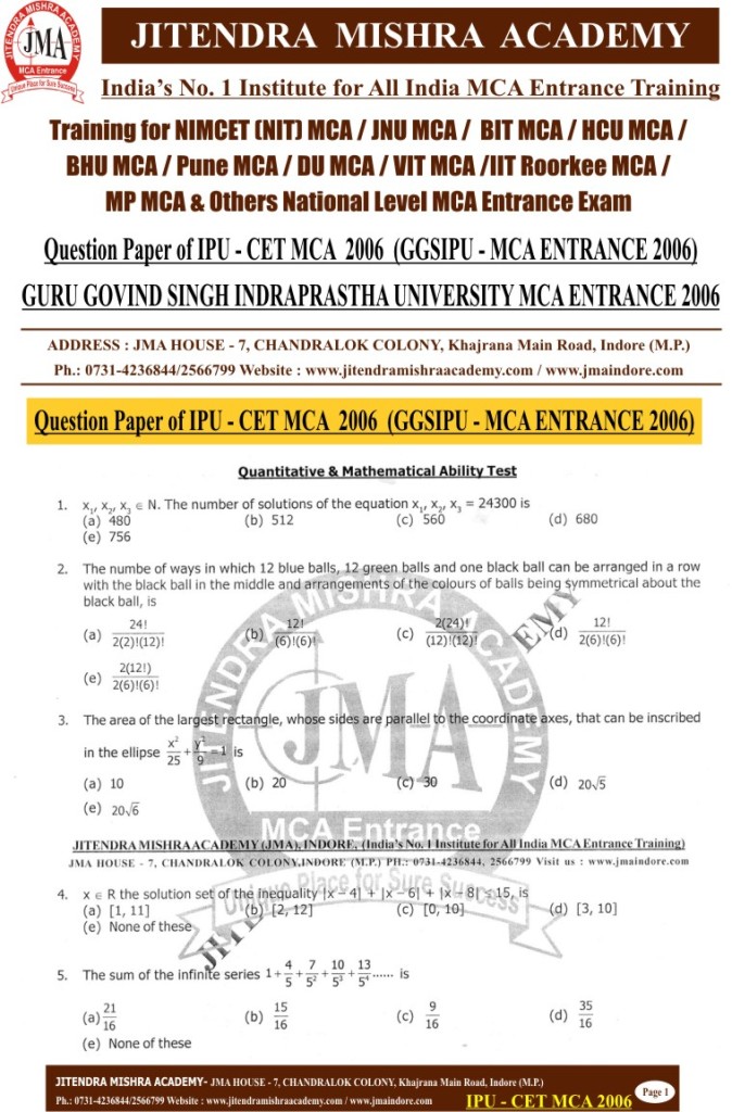 IPU CET MCA 2006 (GGSIPU MCA ENTRANCE 2006) | Jitendra Mishra Academy ...