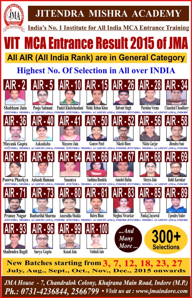 VIT MCA Entrance 2015 RESULT | Jitendra Mishra Academy | Indore MP