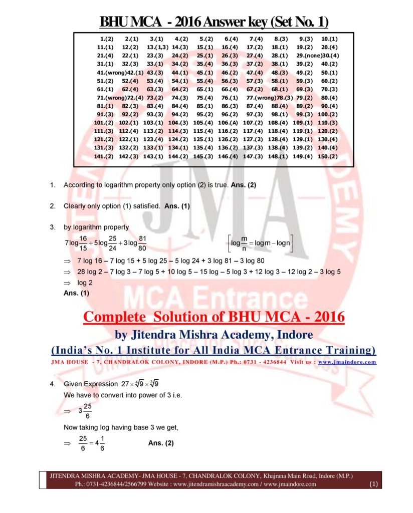 BHU MCA 2016 Complete Solution | Jitendra Mishra Academy | Indore MP