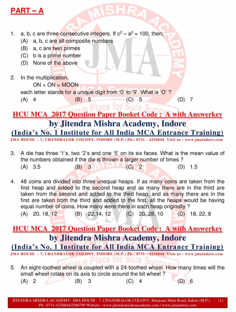 HCU MCA 2017 QUESTION PAPER | Jitendra Mishra Academy | Indore MP