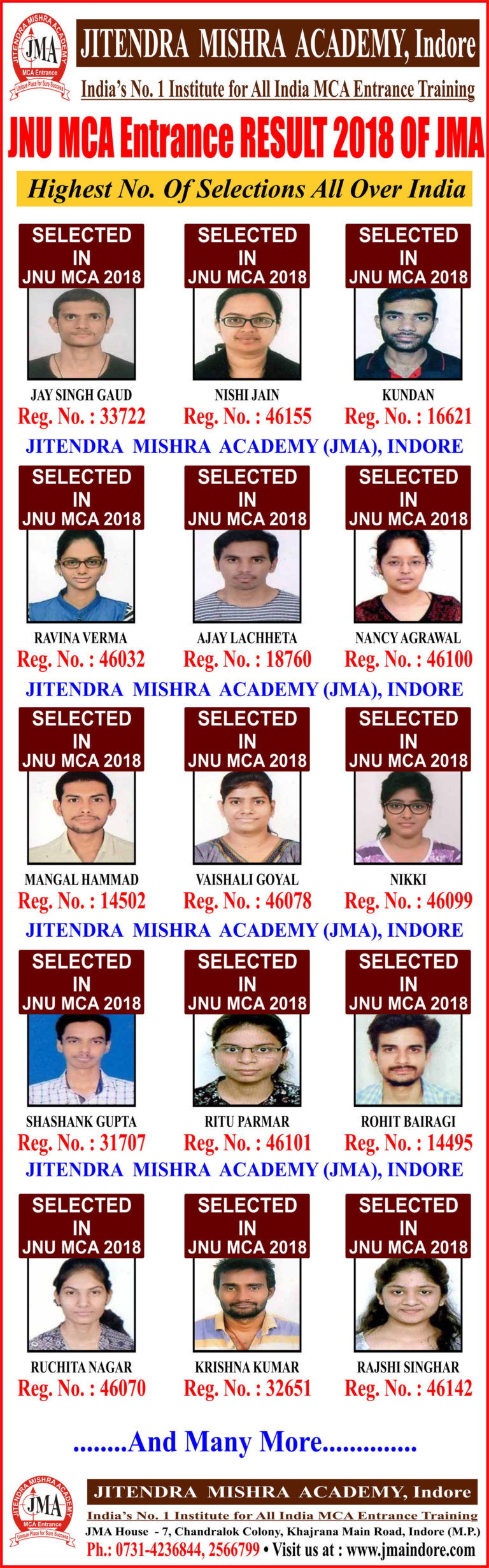 JNU MCA Entrance Result 2018 | Jitendra Mishra Academy | Indore MP