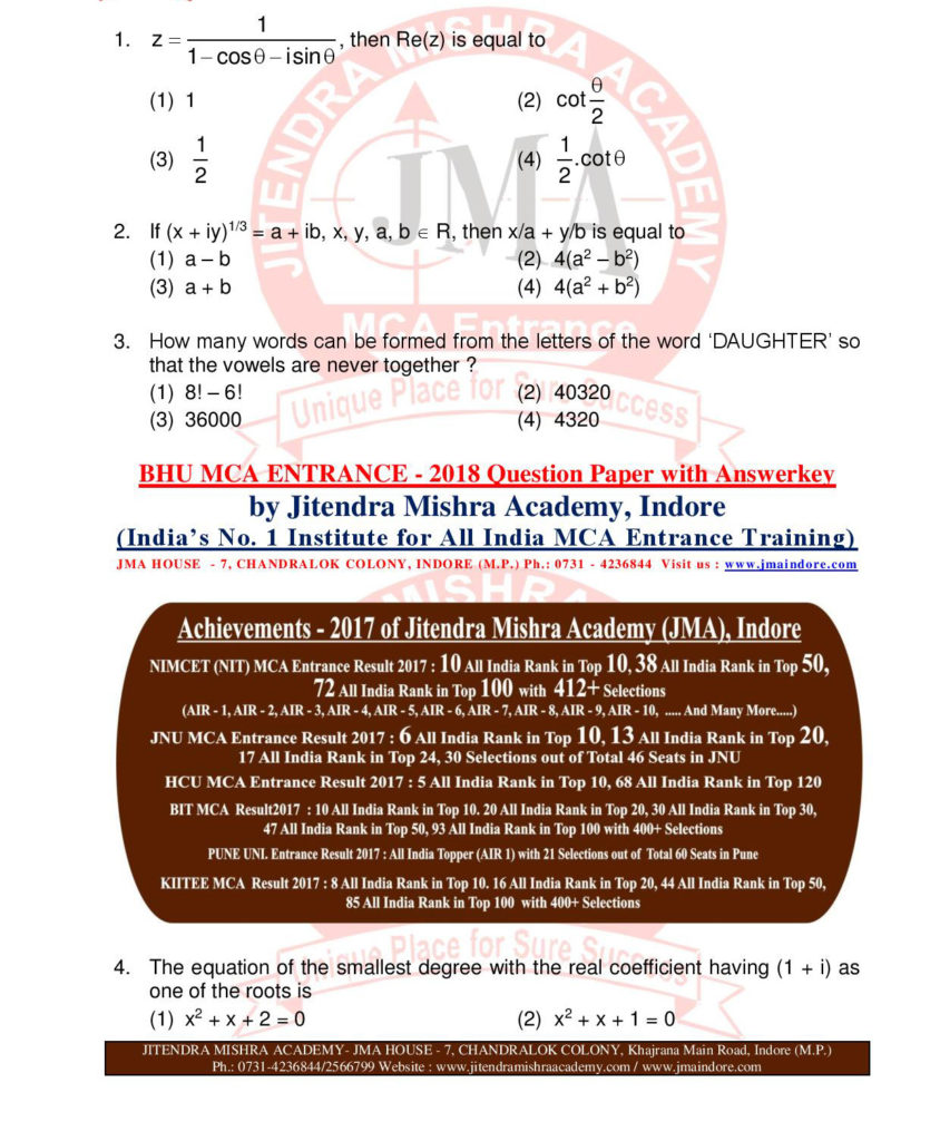 BHU MCA 2018 Question Paper | Jitendra Mishra Academy | Indore MP
