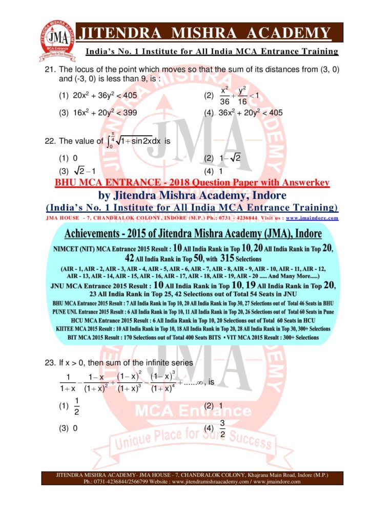 BHU MCA 2018 Question Paper | Jitendra Mishra Academy | Indore MP