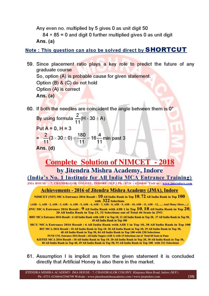NIMCET 2018 SOLUTION - Jitendra Mishra Academy Indore MP