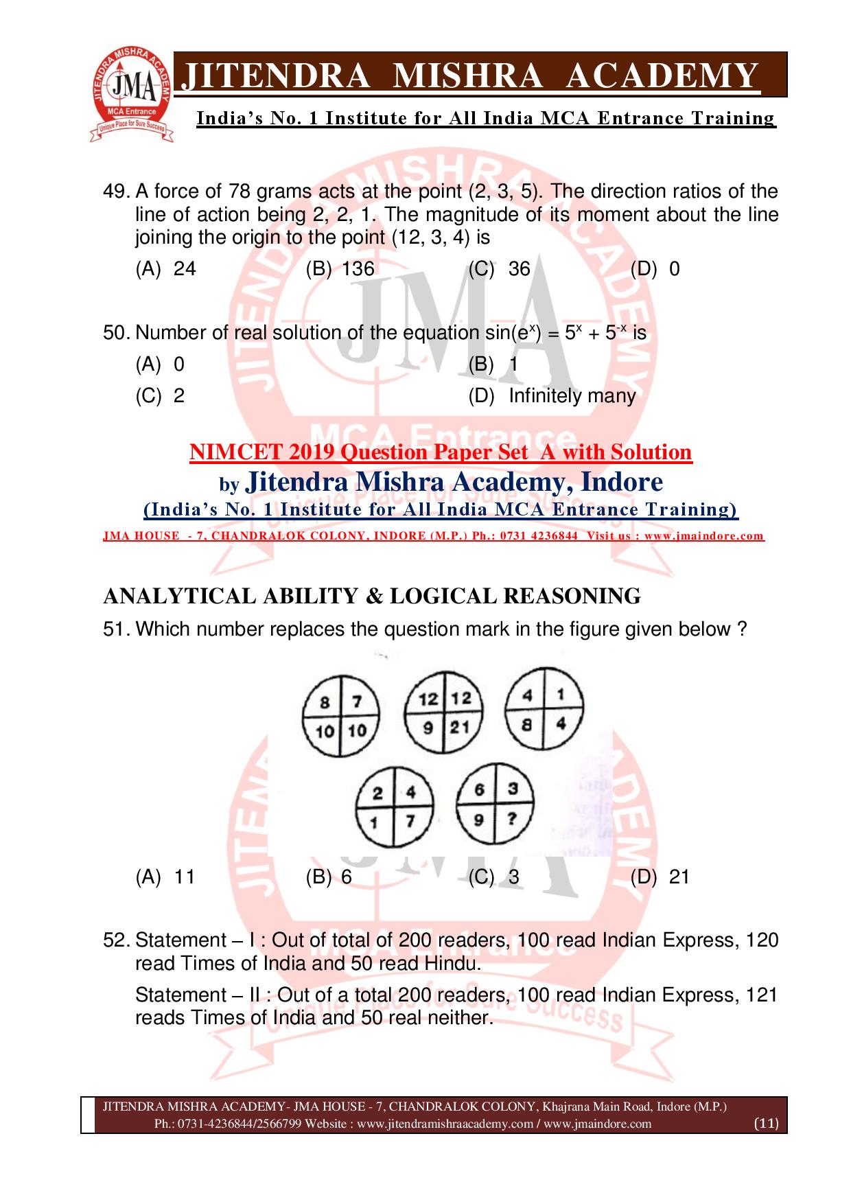 NIMCET 2019 Question Paper Set A Jitendra Mishra Academy Indore MP