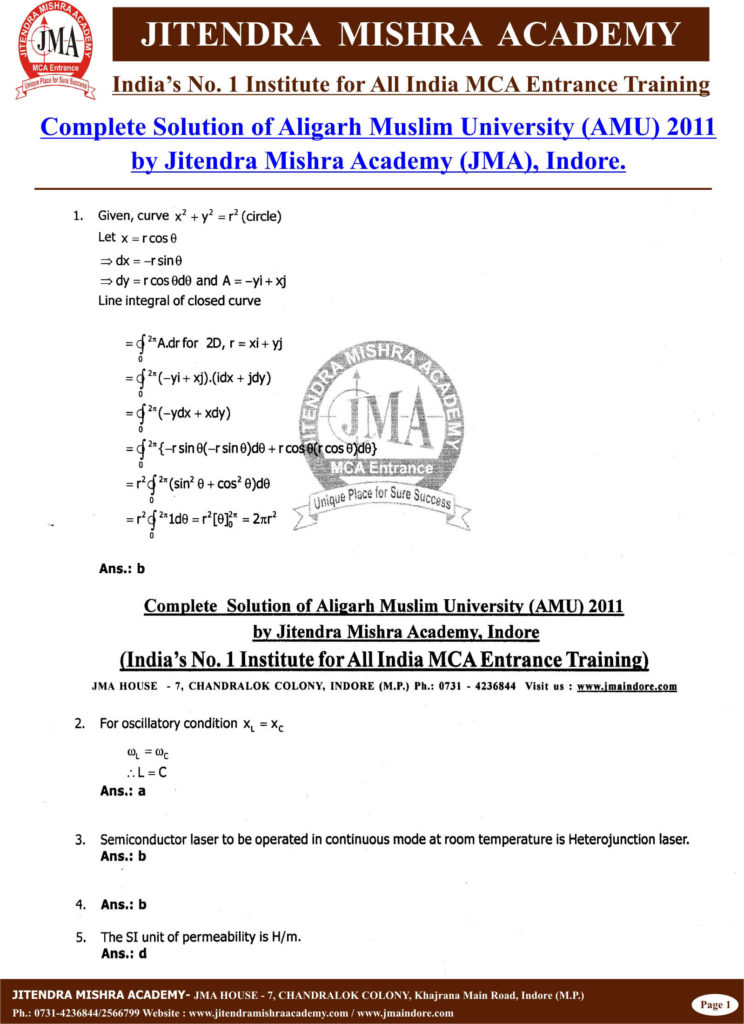 Aligarh Muslim University (AMU) 2011 Solution | Jitendra Mishra Academy ...