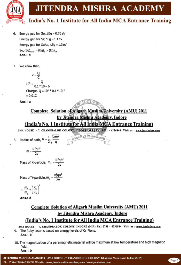 Aligarh Muslim University (AMU) 2011 Solution | Jitendra Mishra Academy ...