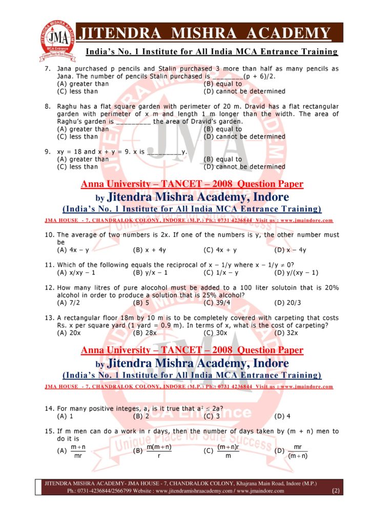 ANNA UNIVERSITY – TANCET 2008 Question Paper | Jitendra Mishra Academy ...