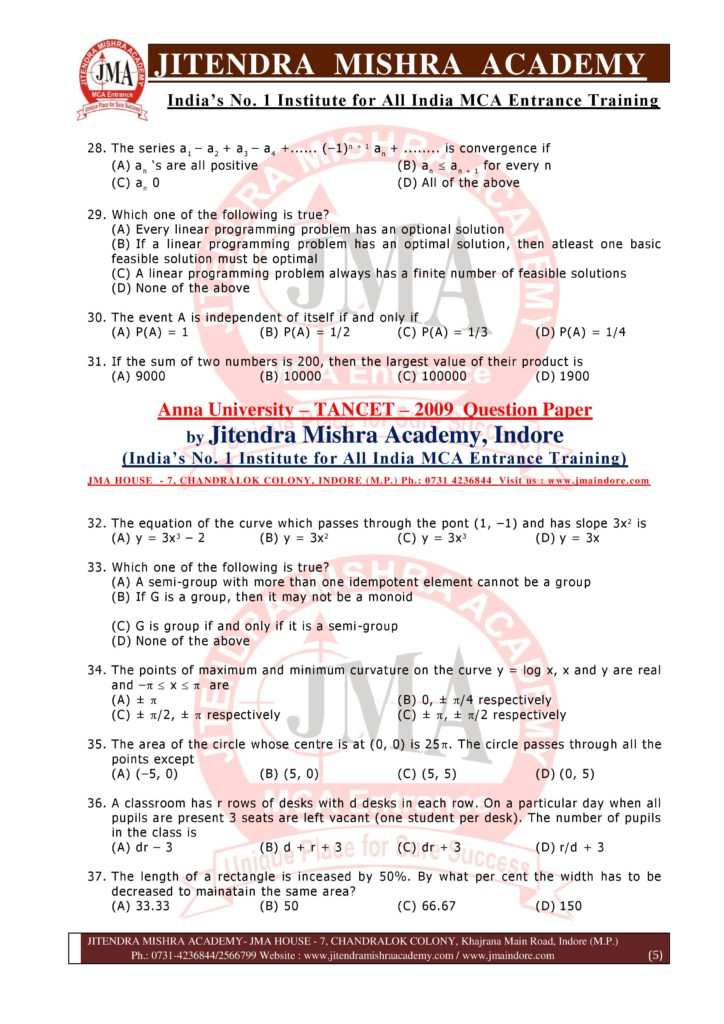 ANNA UNIVERSITY - TANCET 2009 Question Paper - Jitendra Mishra Academy ...