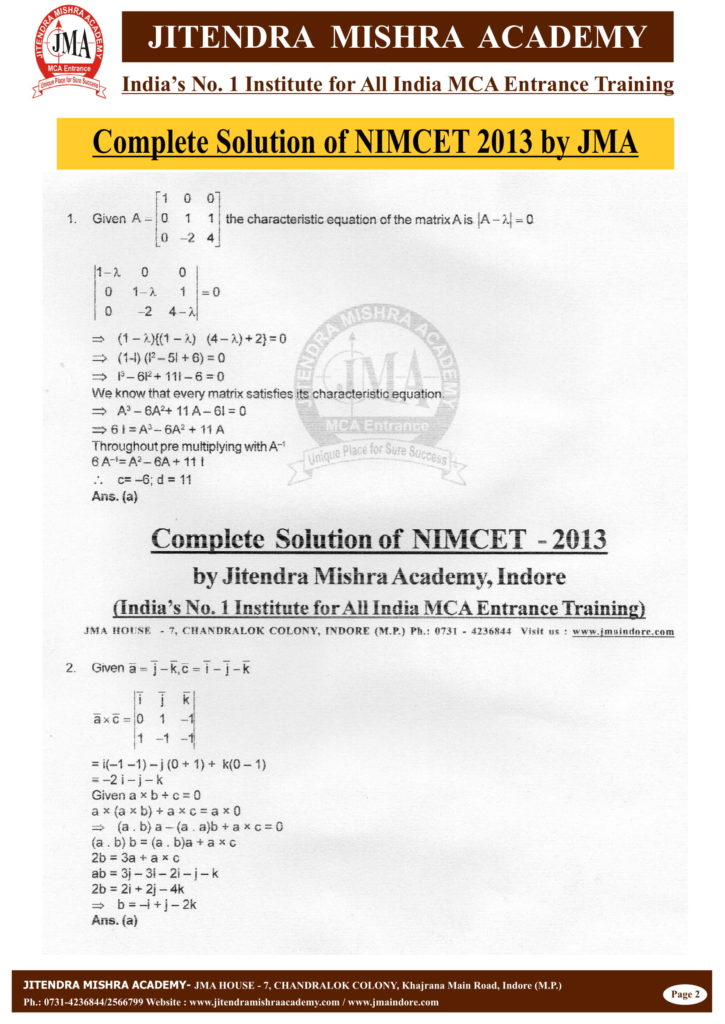 NIMCET – 2013 Complete Solution | Jitendra Mishra Academy | Indore MP