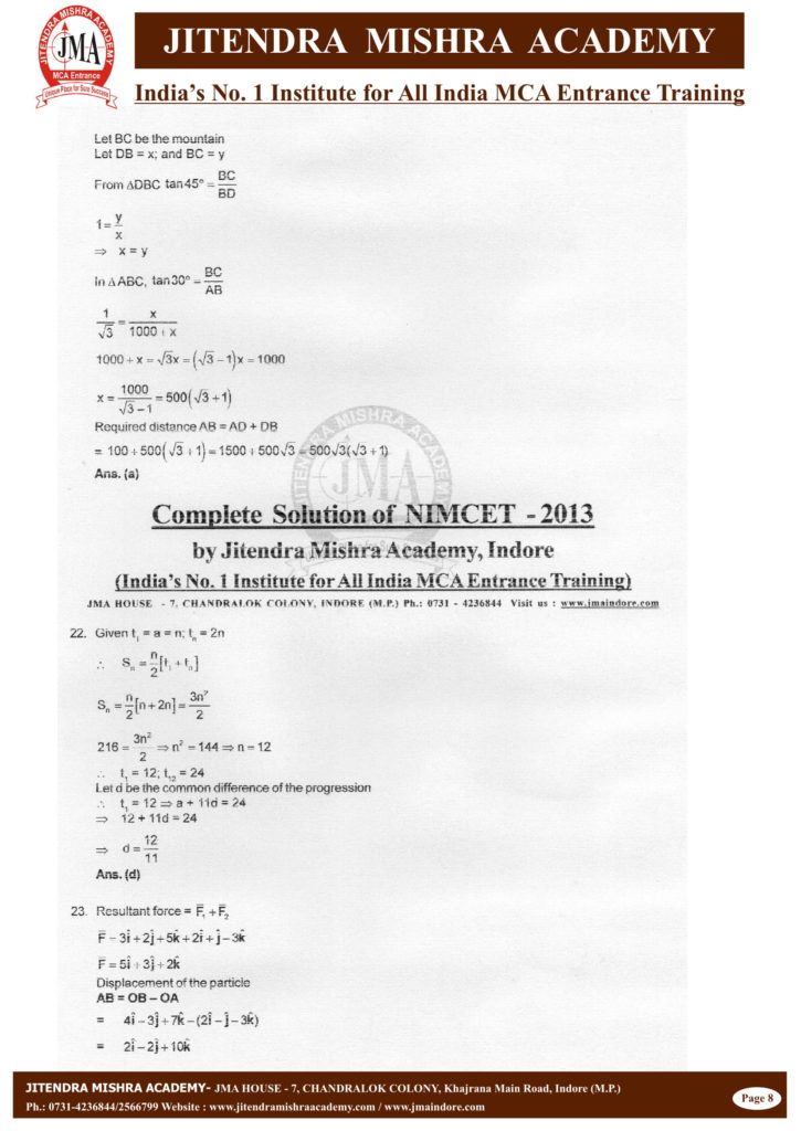 NIMCET – 2013 Complete Solution | Jitendra Mishra Academy | Indore MP