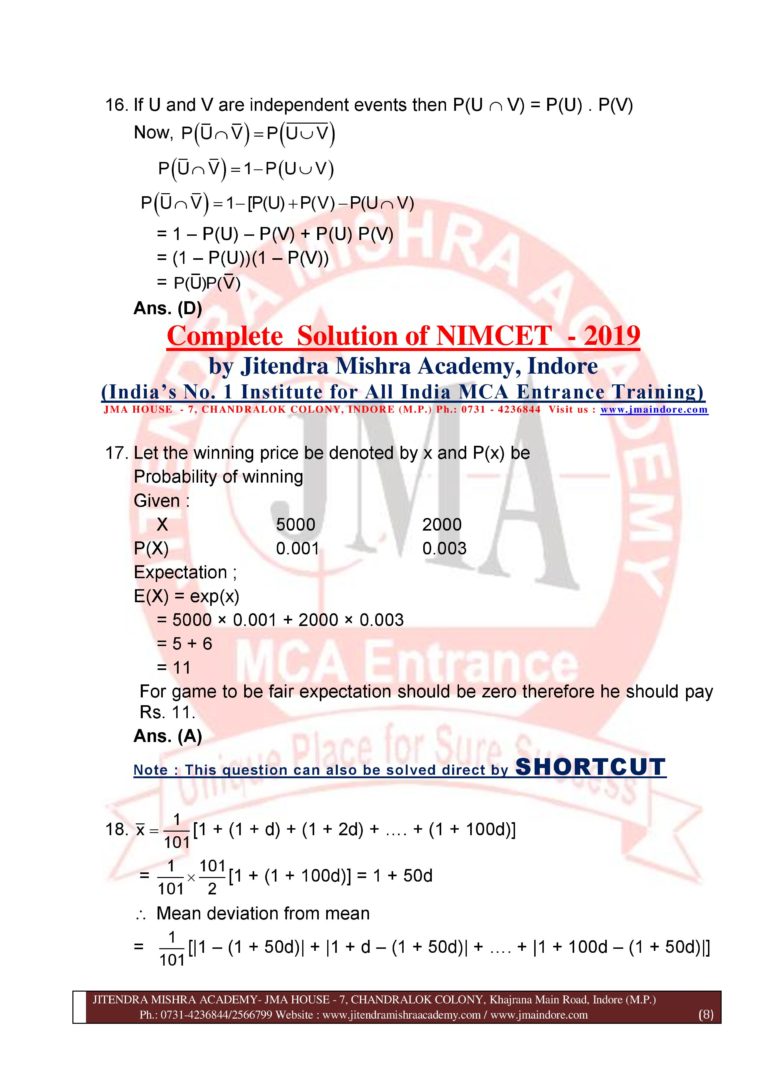 NIMCET 2019 Solution | Jitendra Mishra Academy | Indore MP