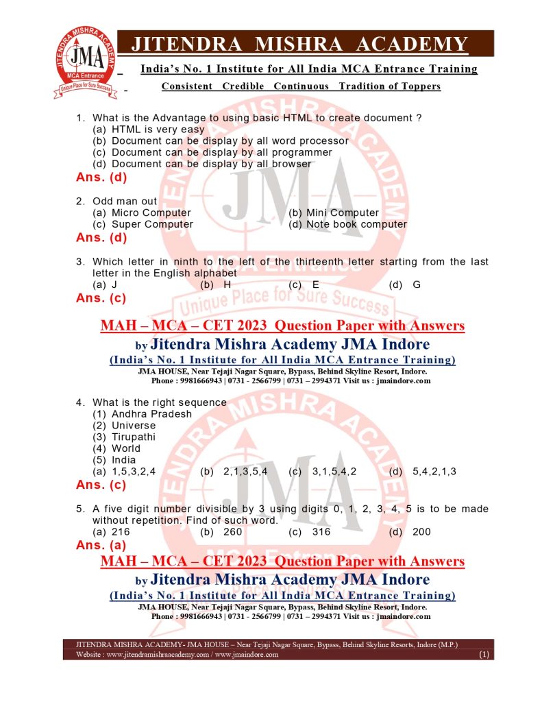 MAH-MCA-CET-2023 Question Paper & Answers | Jitendra Mishra Academy | Indore MP