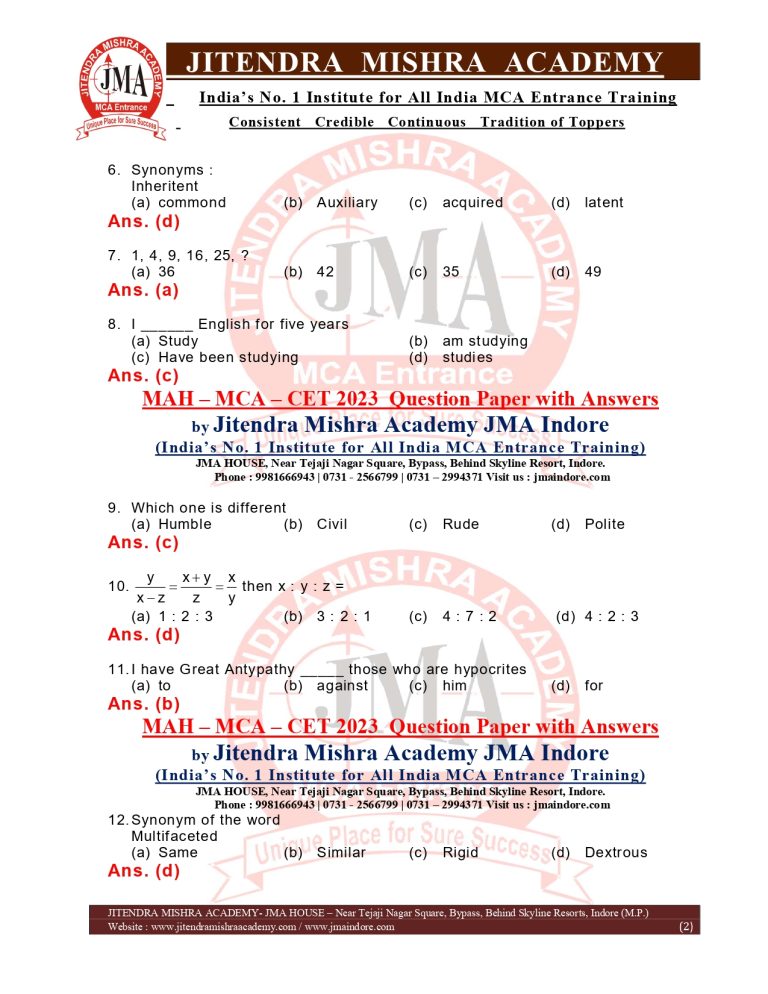 MAH-MCA-CET-2023 Question Paper & Answers | Jitendra Mishra Academy | Indore MP