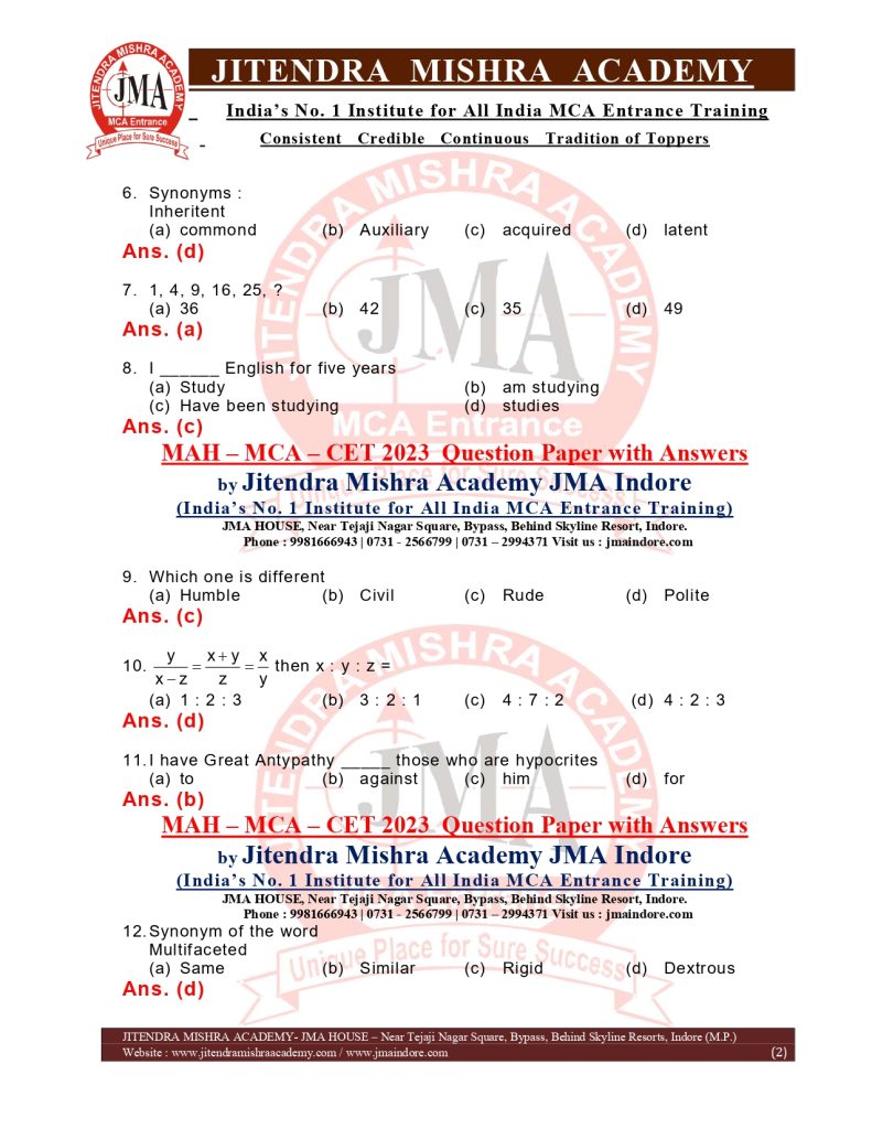 MAH-MCA-CET-2023 Question Paper & Answers | Jitendra Mishra Academy | Indore MP