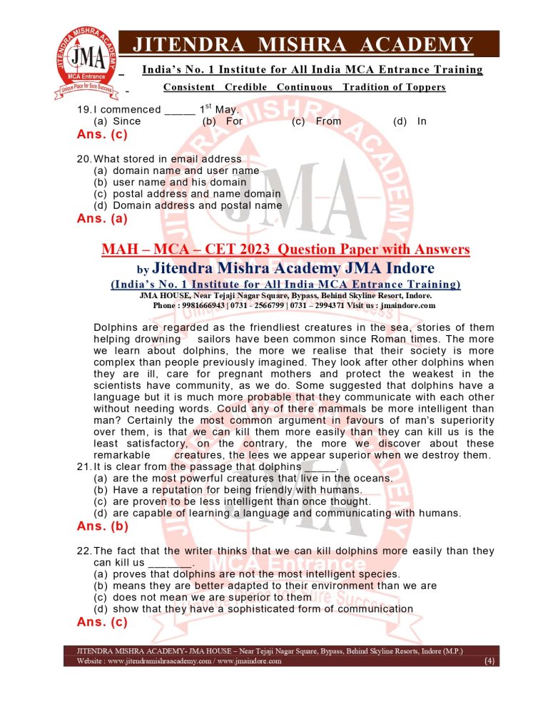 MAH-MCA-CET-2023 Question Paper & Answers | Jitendra Mishra Academy | Indore MP
