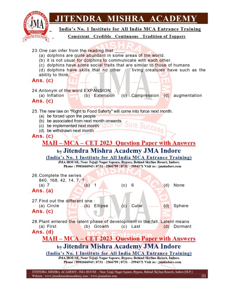 MAH-MCA-CET-2023 Question Paper & Answers | Jitendra Mishra Academy | Indore MP