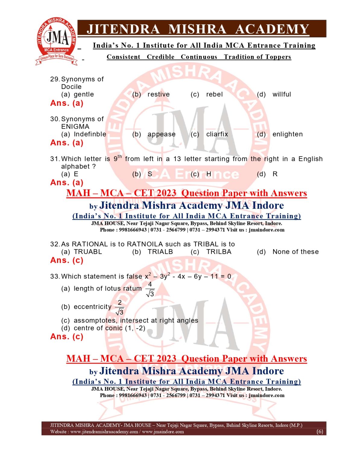 MAH-MCA-CET-2023 Question Paper & Answers | Jitendra Mishra Academy | Indore MP