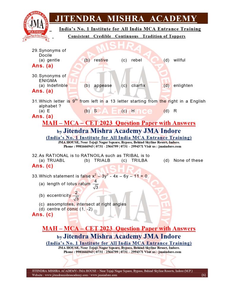 MAH-MCA-CET-2023 Question Paper & Answers | Jitendra Mishra Academy | Indore MP