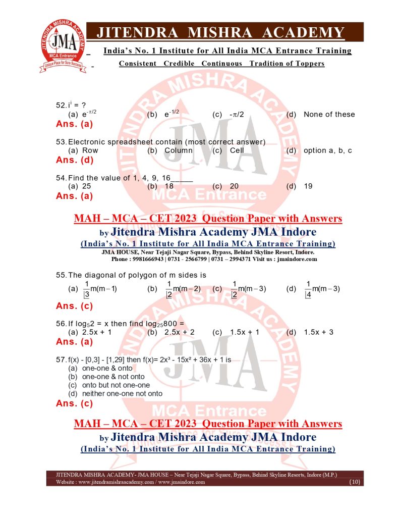 MAH-MCA-CET-2023 Question Paper & Answers | Jitendra Mishra Academy | Indore MP