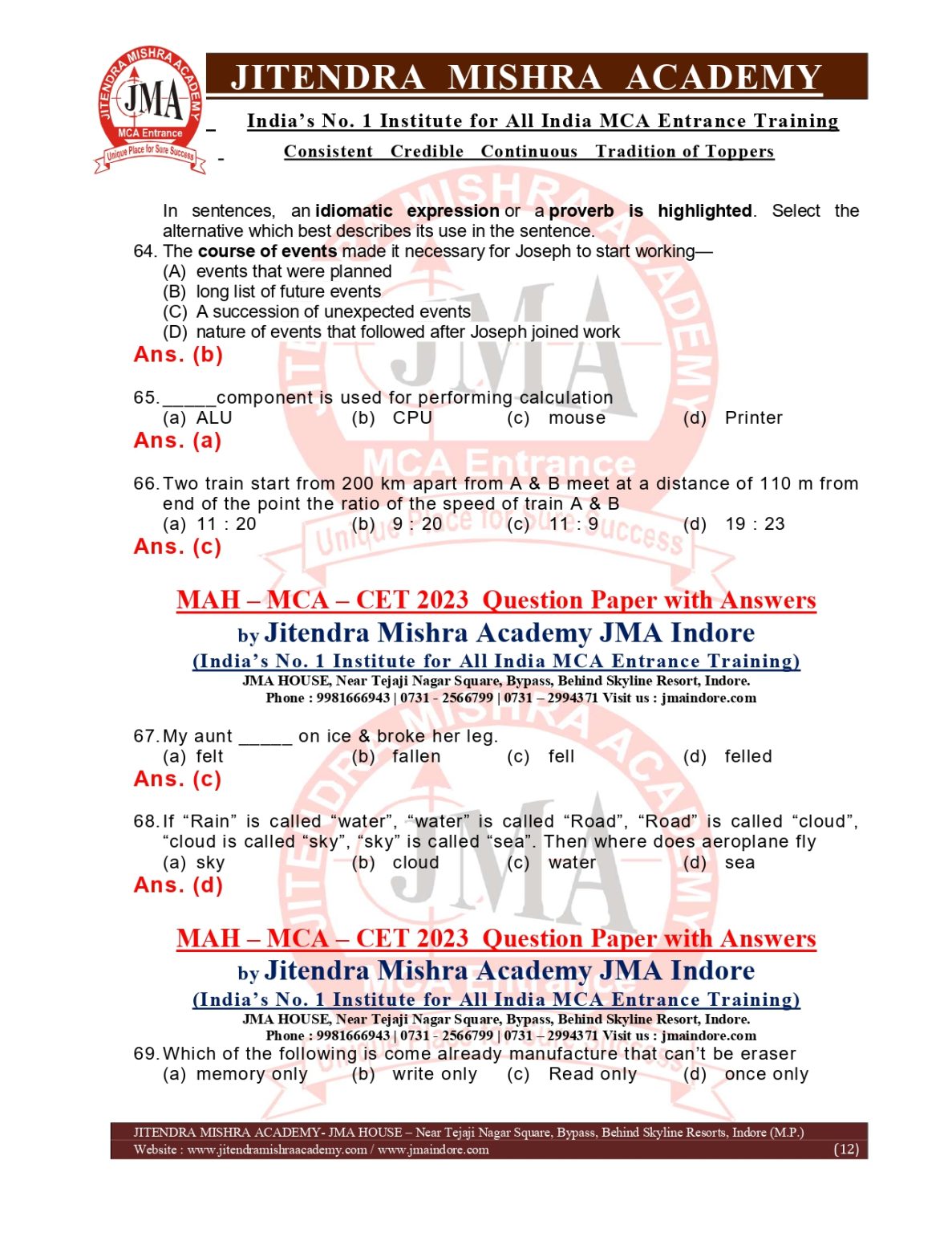 MAH-MCA-CET-2023 Question Paper & Answers | Jitendra Mishra Academy ...