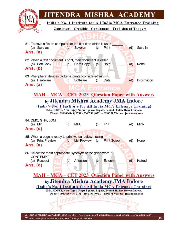 MAH-MCA-CET-2023 Question Paper & Answers | Jitendra Mishra Academy ...