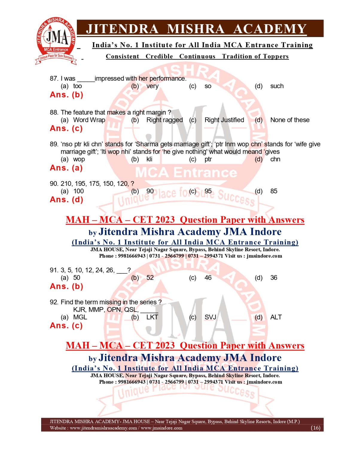 MAH-MCA-CET-2023 Question Paper & Answers | Jitendra Mishra Academy | Indore MP