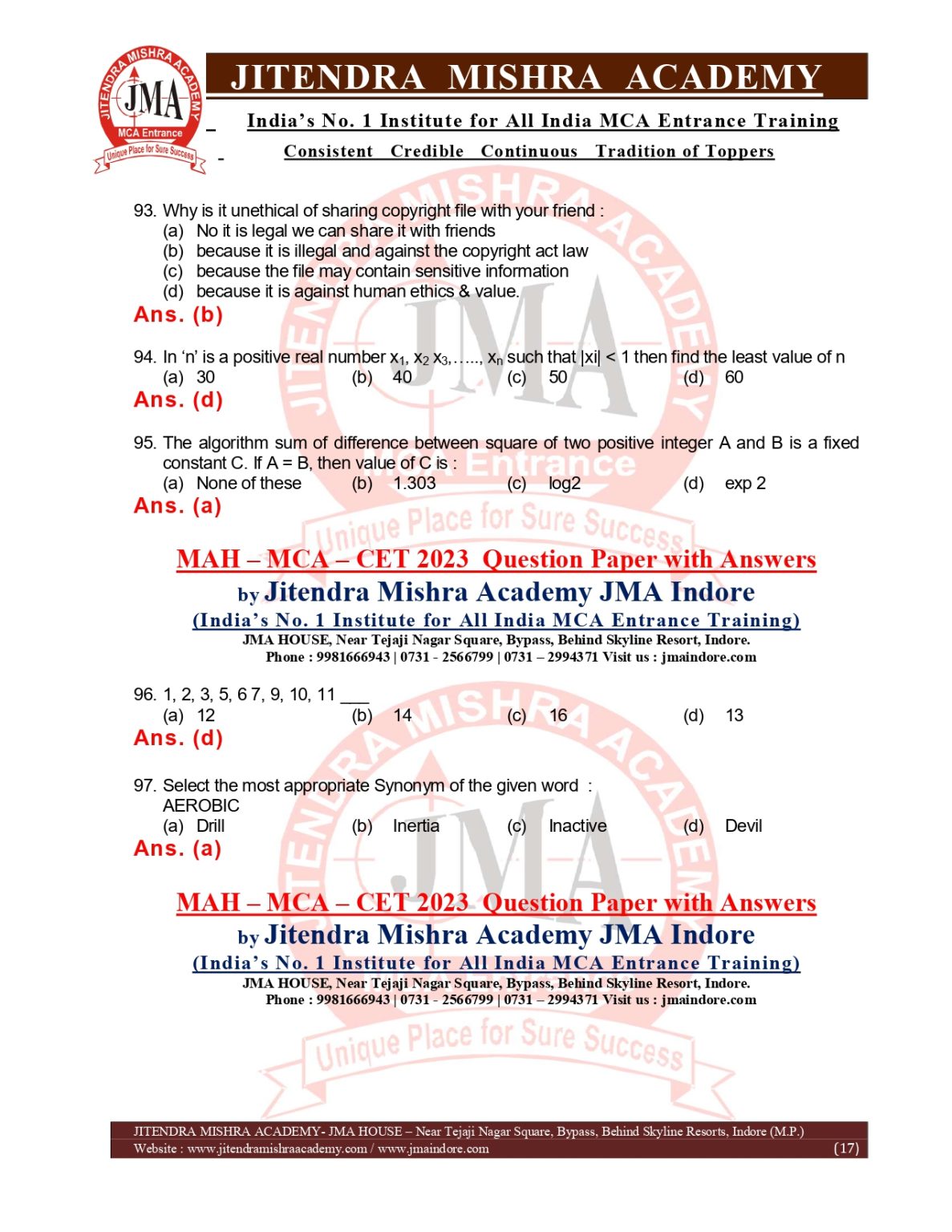 MAH-MCA-CET-2023 Question Paper & Answers | Jitendra Mishra Academy ...