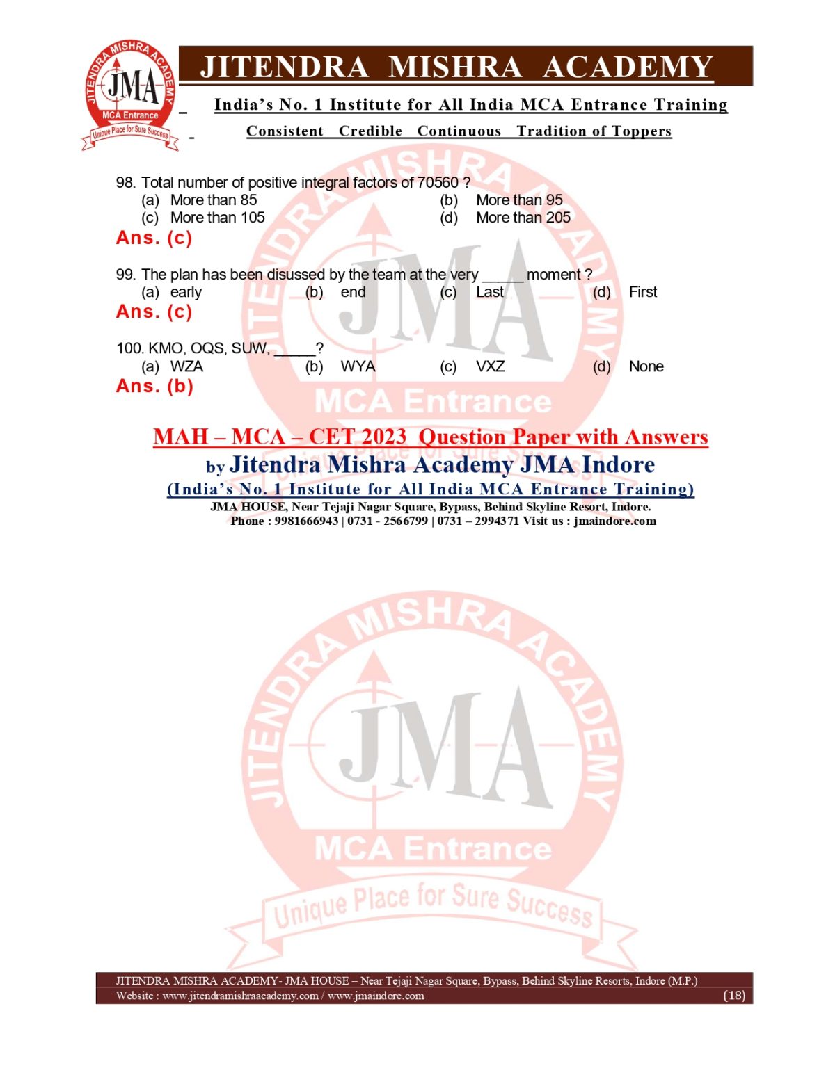 MAH-MCA-CET-2023 Question Paper & Answers | Jitendra Mishra Academy ...