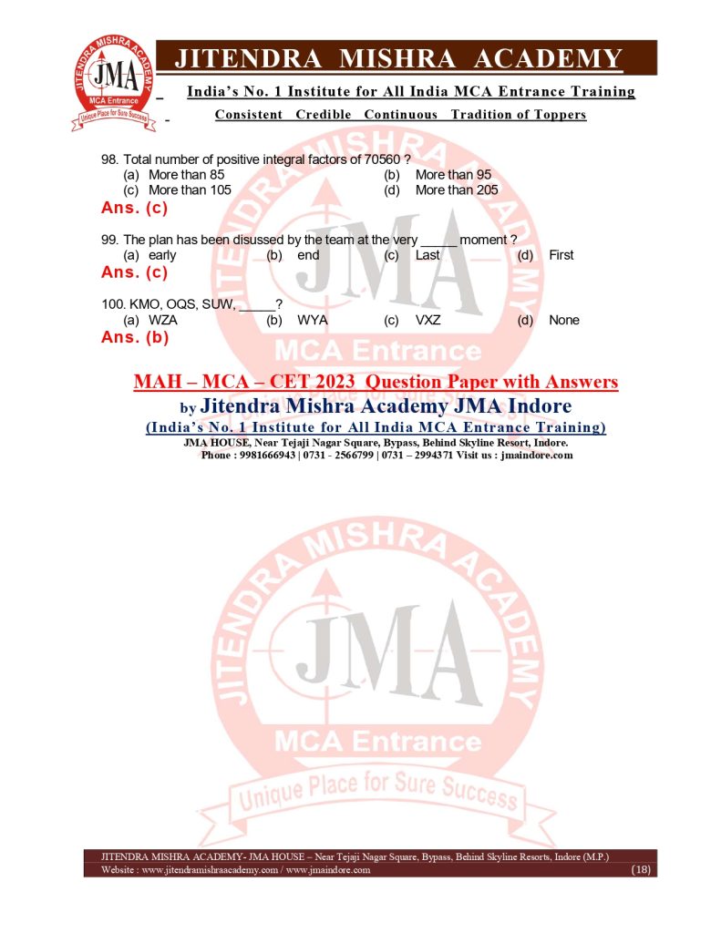MAH-MCA-CET-2023 Question Paper & Answers | Jitendra Mishra Academy | Indore MP