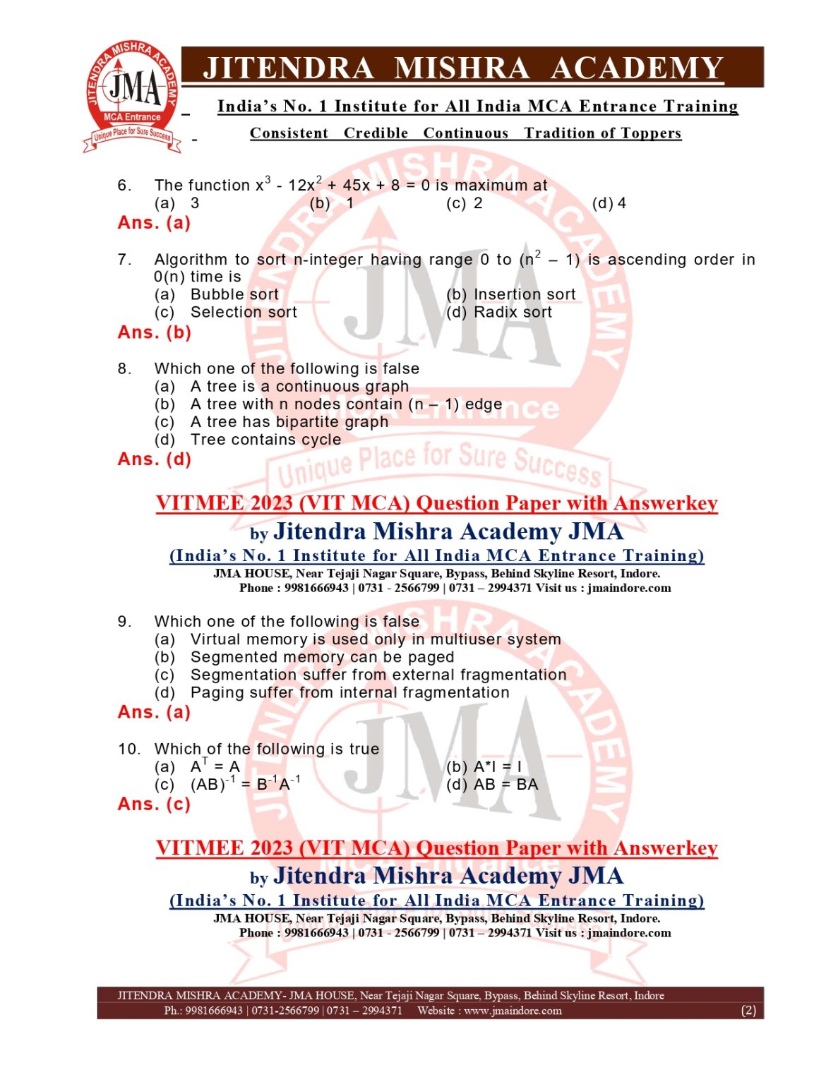 VITMEE 2023 (VIT MCA) | Jitendra Mishra Academy | Indore MP