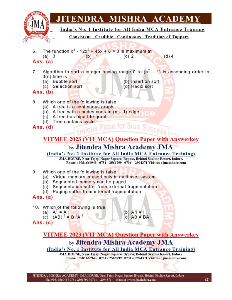 VITMEE 2023 (VIT MCA) | Jitendra Mishra Academy | Indore MP