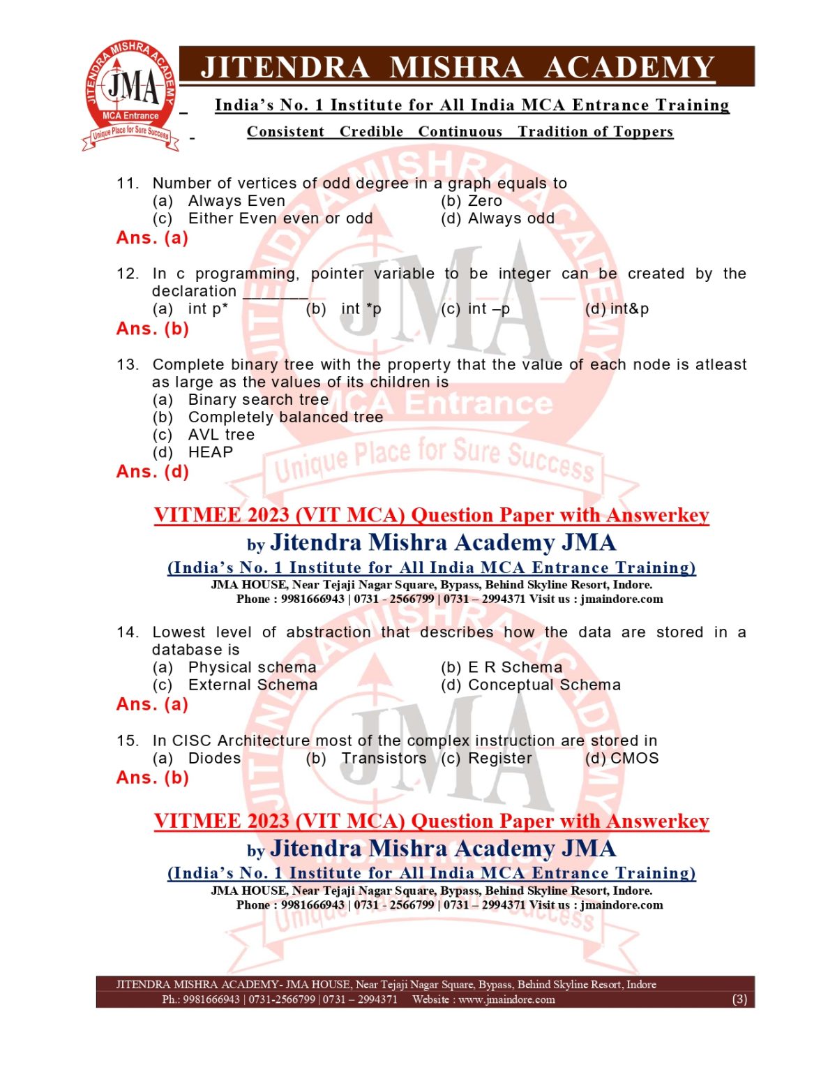 VITMEE 2023 (VIT MCA) | Jitendra Mishra Academy | Indore MP