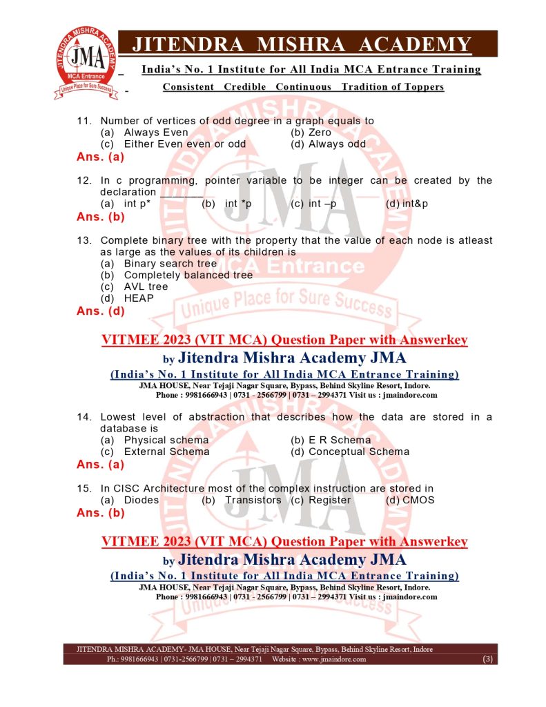 VITMEE 2023 (VIT MCA) | Jitendra Mishra Academy | Indore MP
