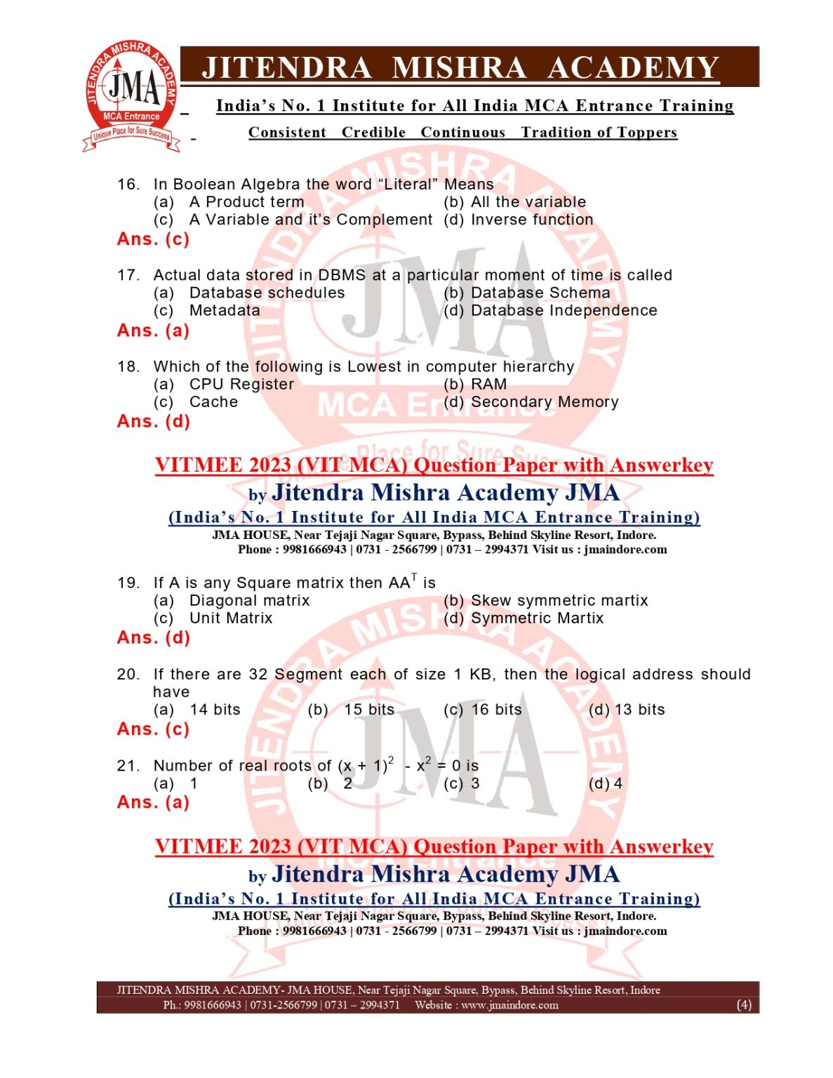 VITMEE 2023 (VIT MCA) | Jitendra Mishra Academy | Indore MP