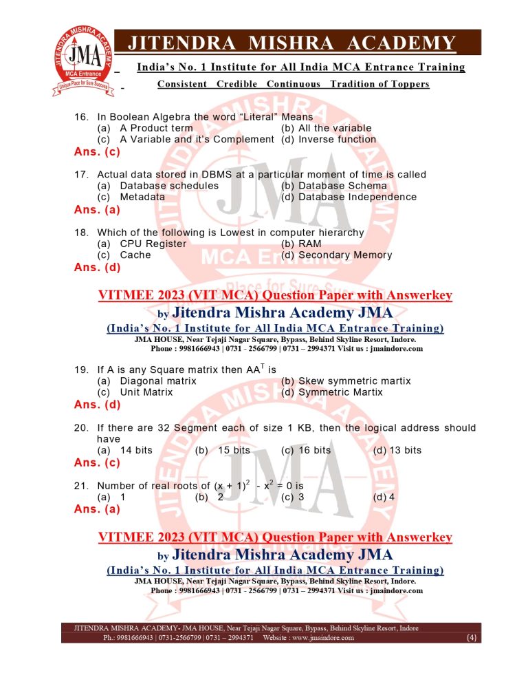 VITMEE 2023 (VIT MCA) | Jitendra Mishra Academy | Indore MP