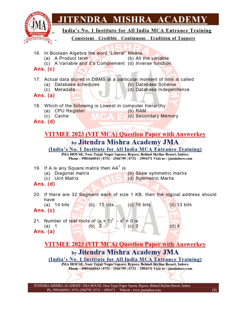 VITMEE 2023 (VIT MCA) | Jitendra Mishra Academy | Indore MP