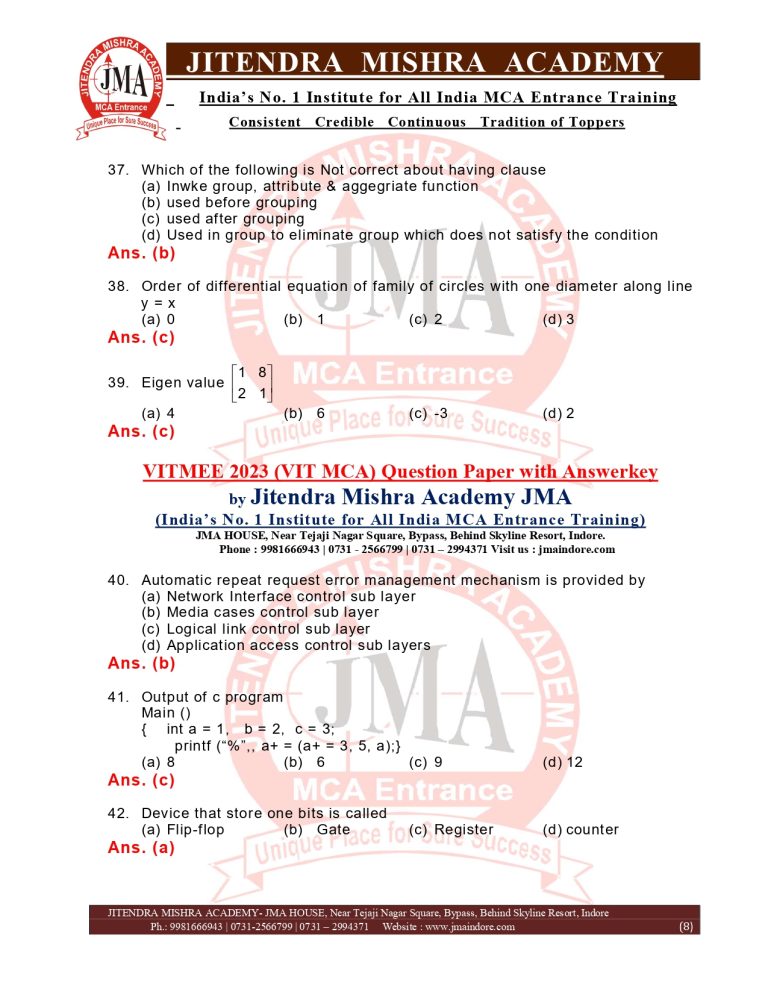 VITMEE 2023 (VIT MCA) | Jitendra Mishra Academy | Indore MP