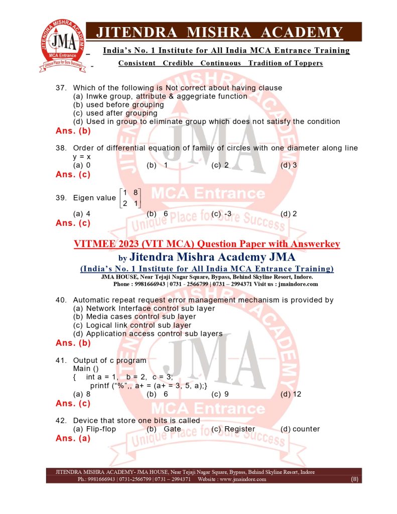 VITMEE 2023 (VIT MCA) | Jitendra Mishra Academy | Indore MP