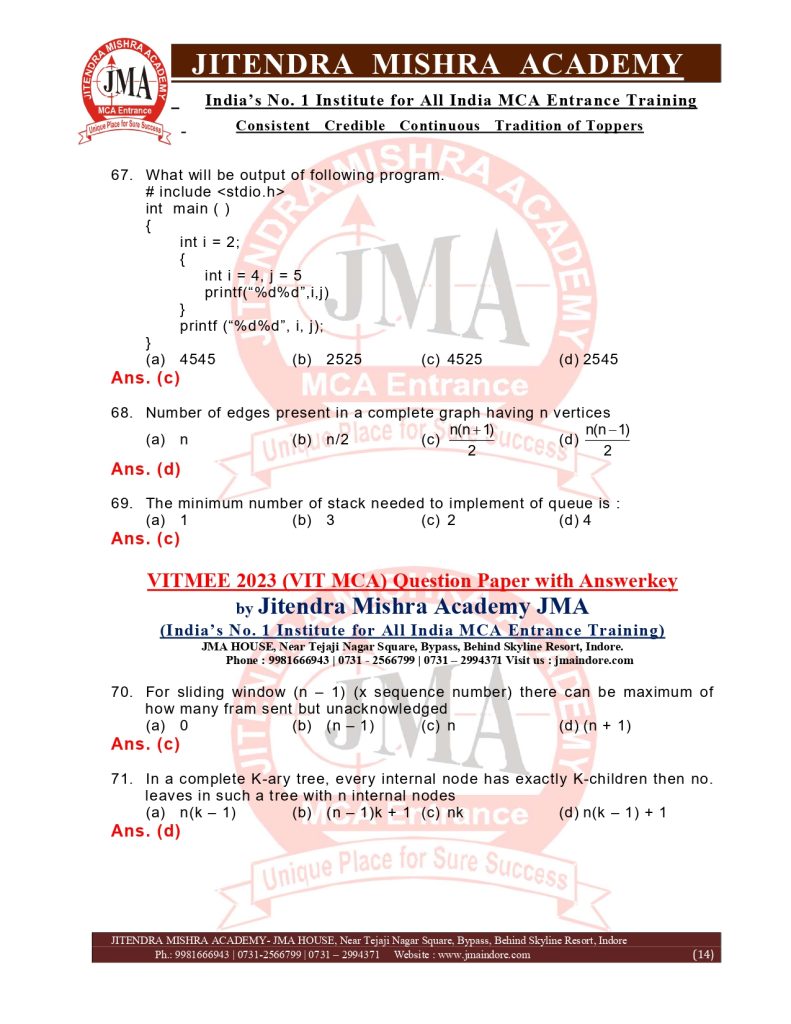 VITMEE 2023 (VIT MCA) | Jitendra Mishra Academy | Indore MP