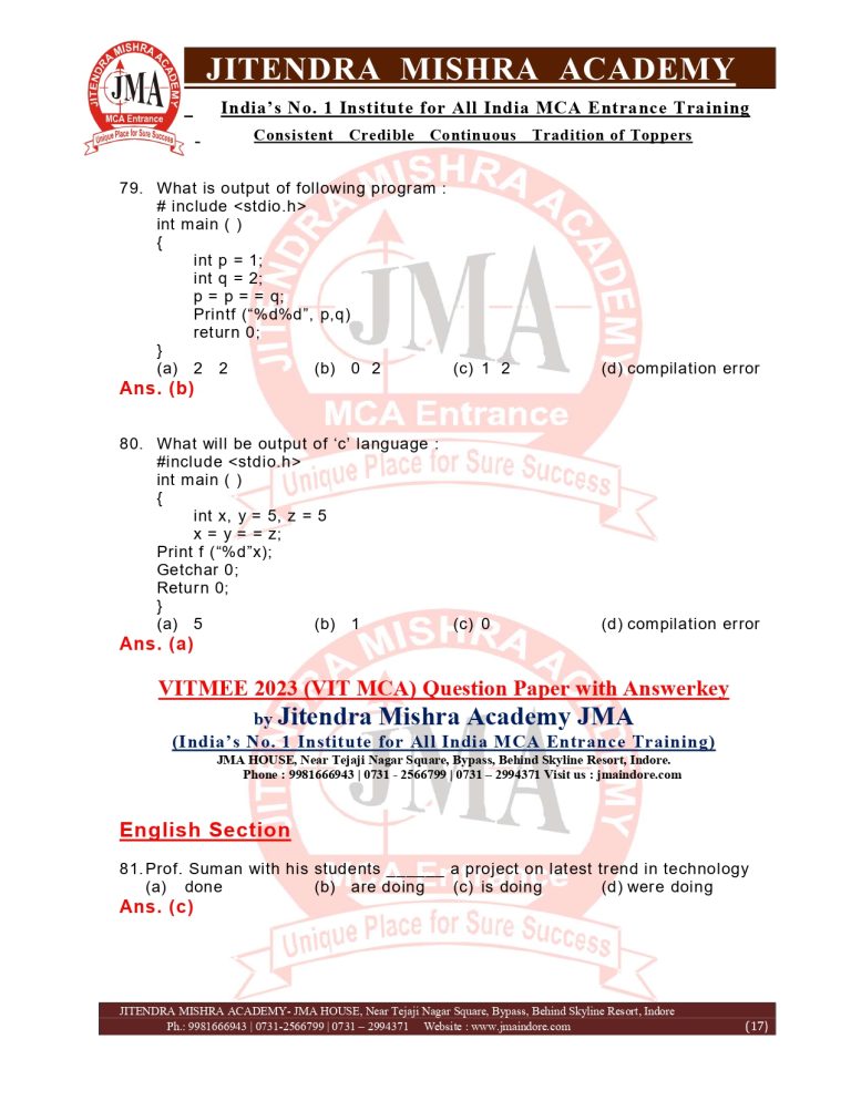 VITMEE 2023 (VIT MCA) | Jitendra Mishra Academy | Indore MP