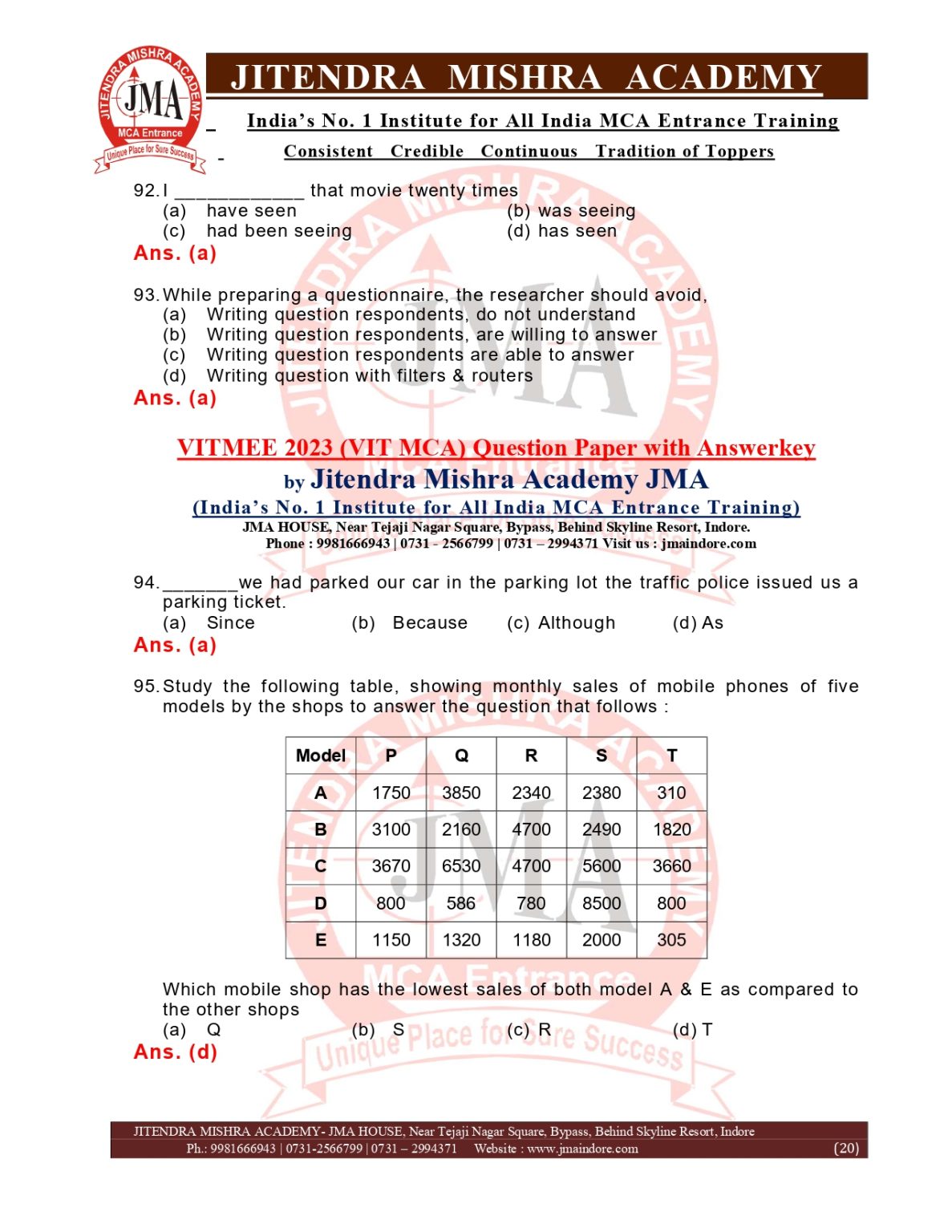 VITMEE 2023 (VIT MCA) | Jitendra Mishra Academy | Indore MP