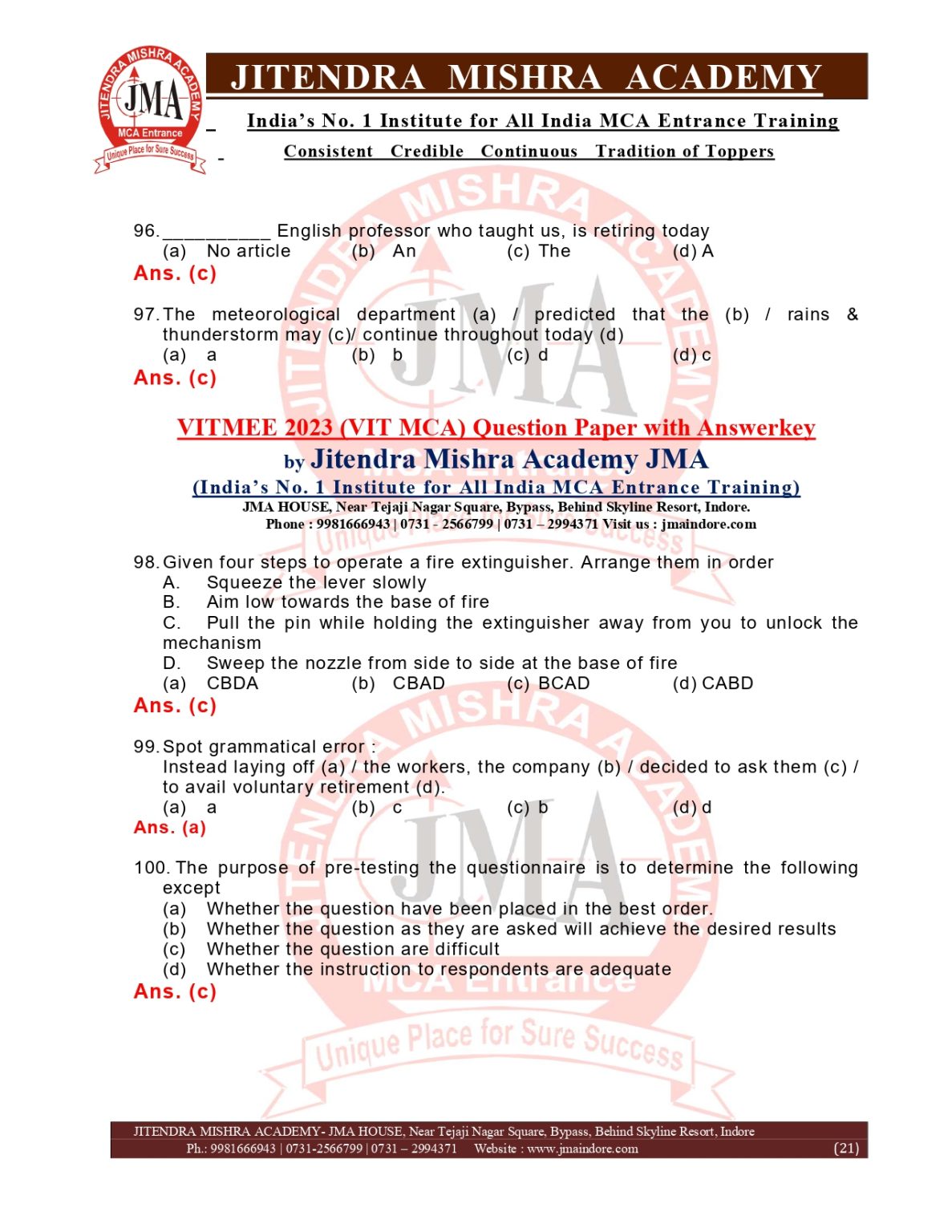 VITMEE 2023 (VIT MCA) | Jitendra Mishra Academy | Indore MP