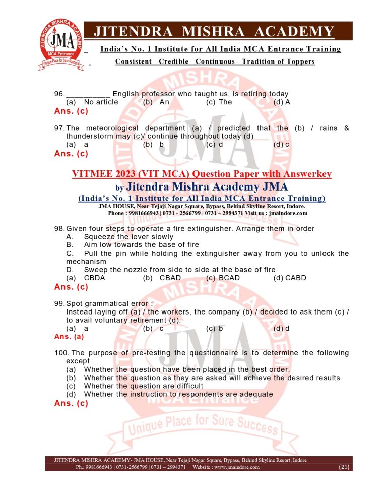 VITMEE 2023 (VIT MCA) | Jitendra Mishra Academy | Indore MP