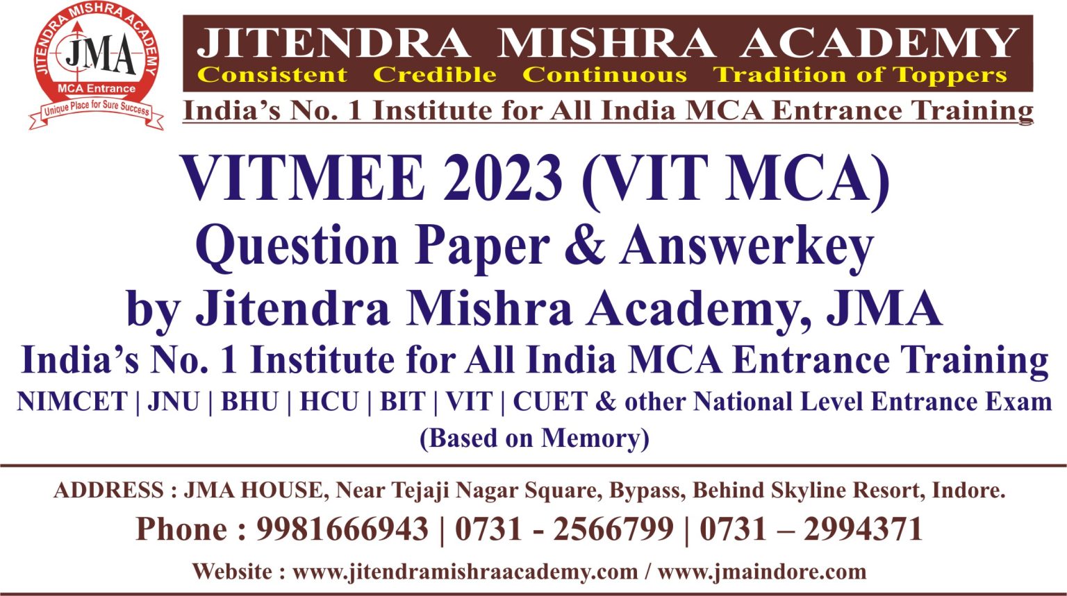 VITMEE 2023 (VIT MCA) | Jitendra Mishra Academy | Indore MP