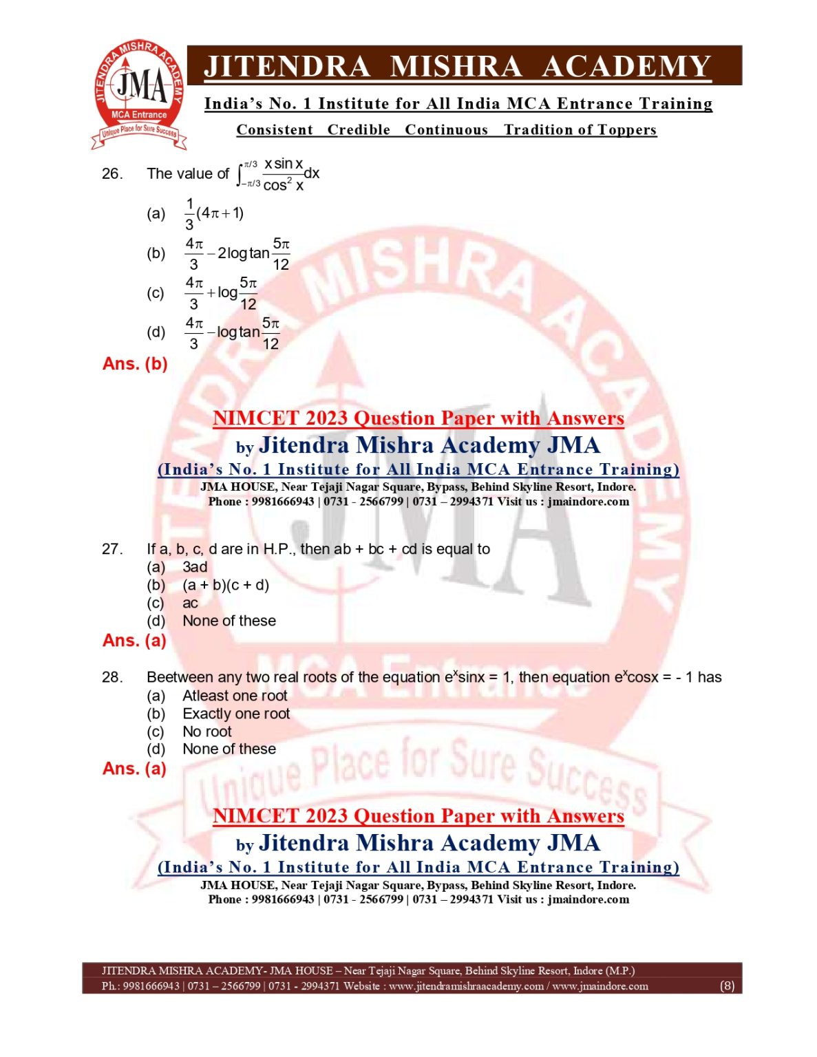 NIMCET 2023 Question Paper & Answers | Jitendra Mishra Academy | Indore MP