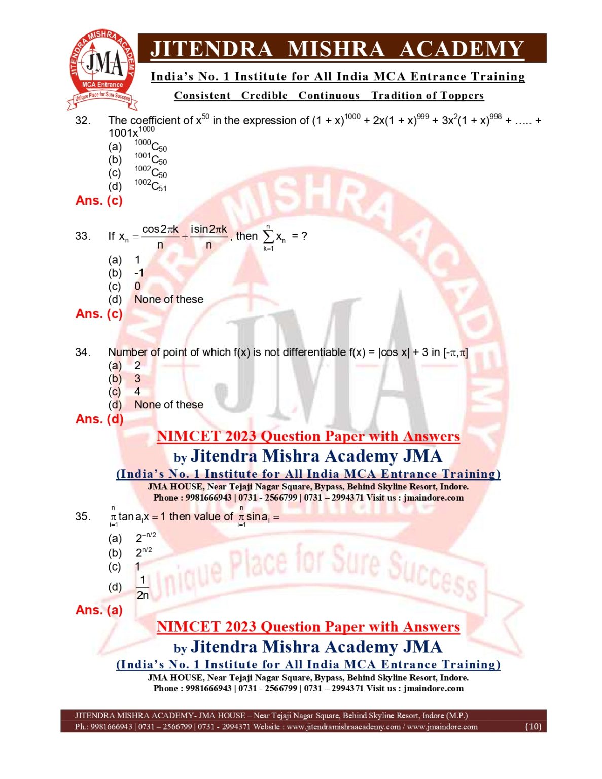 NIMCET 2023 Question Paper & Answers | Jitendra Mishra Academy | Indore MP