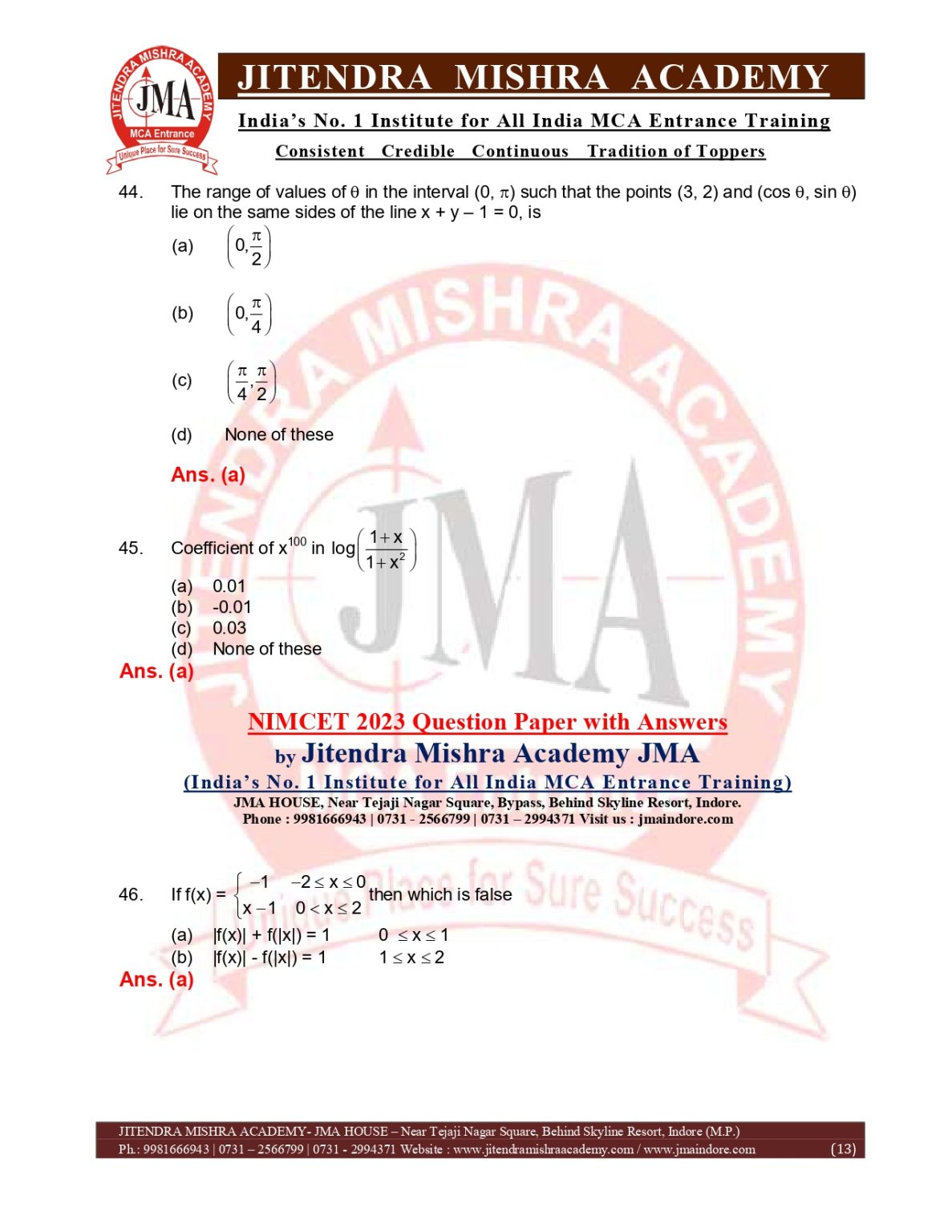 NIMCET 2023 Question Paper & Answers | Jitendra Mishra Academy | Indore MP