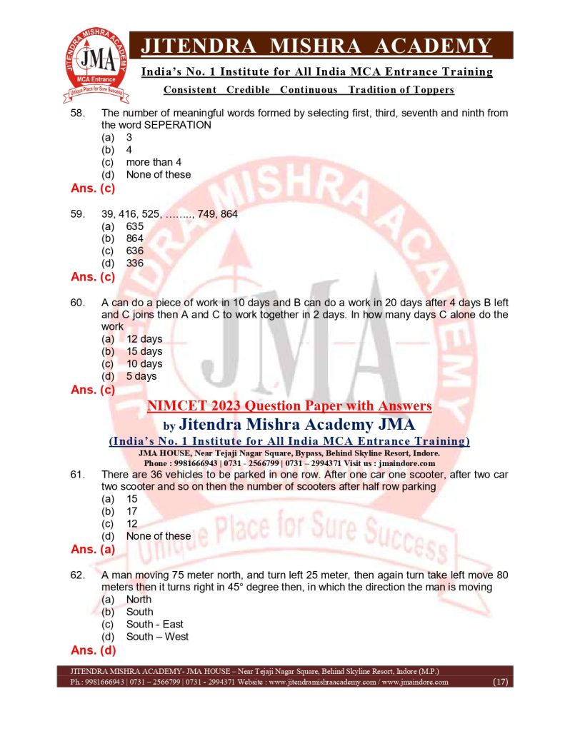 NIMCET 2023 Question Paper & Answers | Jitendra Mishra Academy | Indore MP